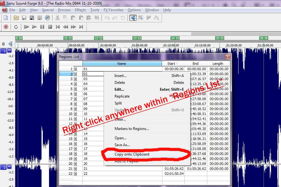 Right click anywhere within Regions List